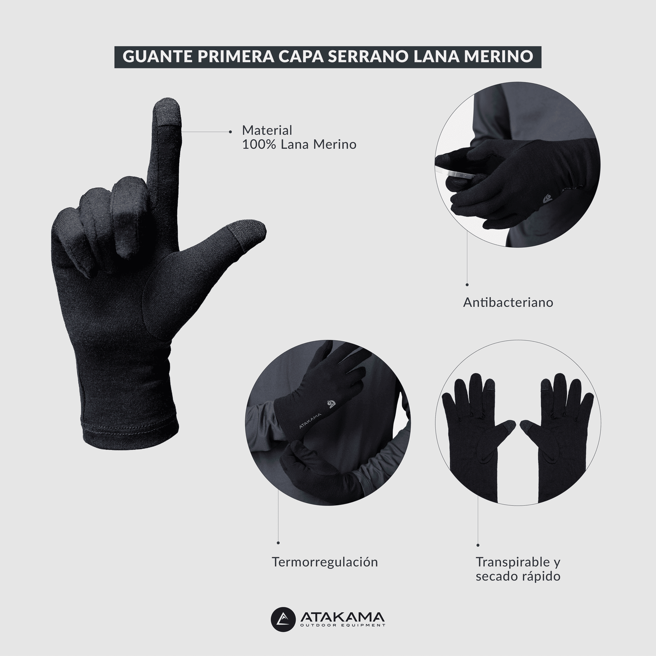 Guante Primera Capa Serrano Lana Merino Negro - Atakama Outdoor